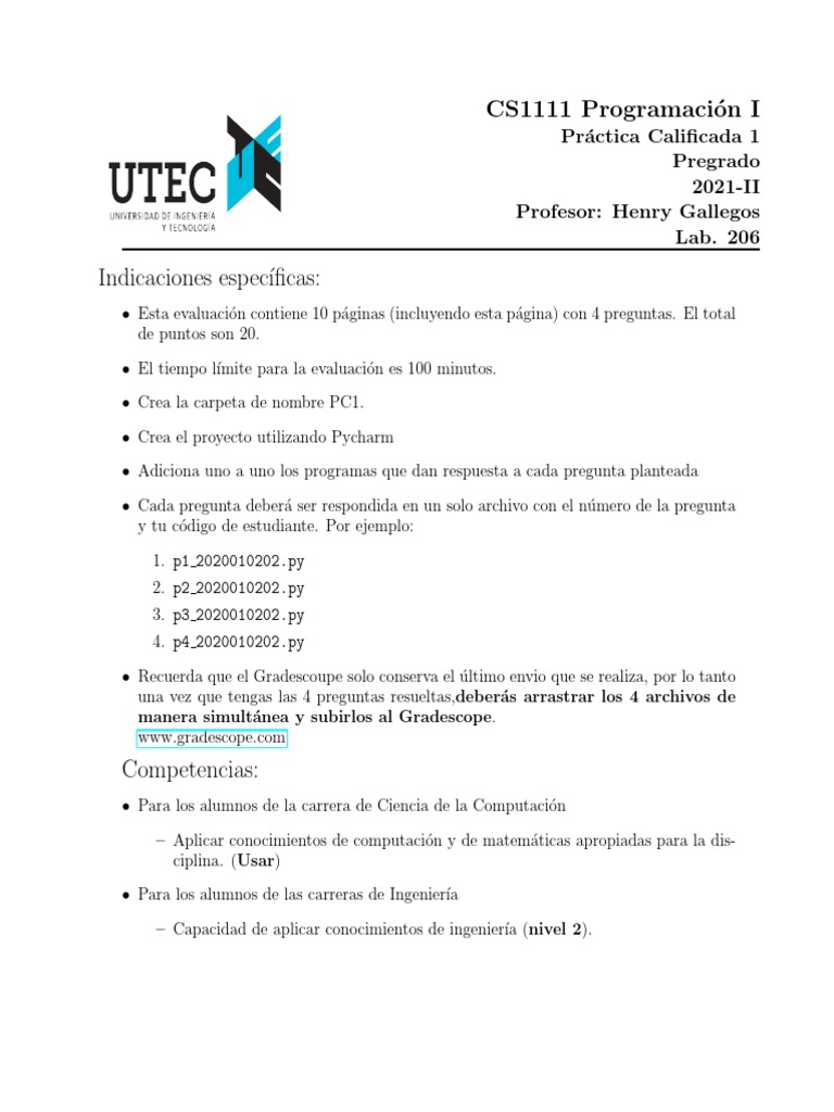 Cs1111 Programaci Oni: PR Actica Calificada 1 Pregrado 2021-Ii Profesor ...