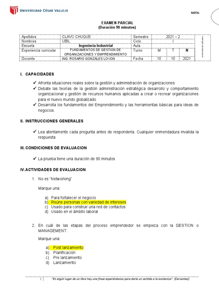 Examen parcial de Fundamentos de Gestión de Organizaciones y ...