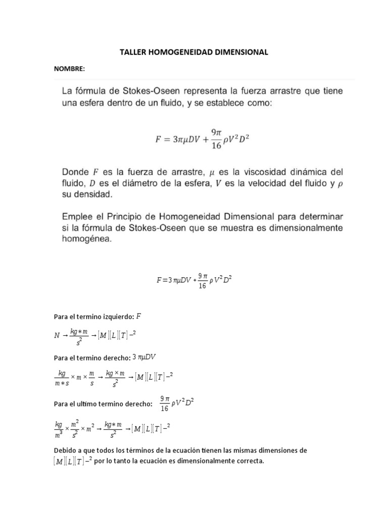 Taller Homogeneidad Dimensional | PDF