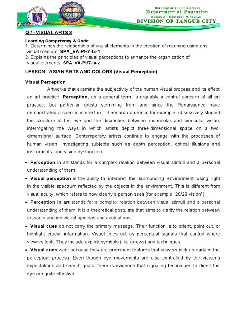 Q.1-Visual Arts 8: Learning Competency & Code | PDF | Visual Perception ...