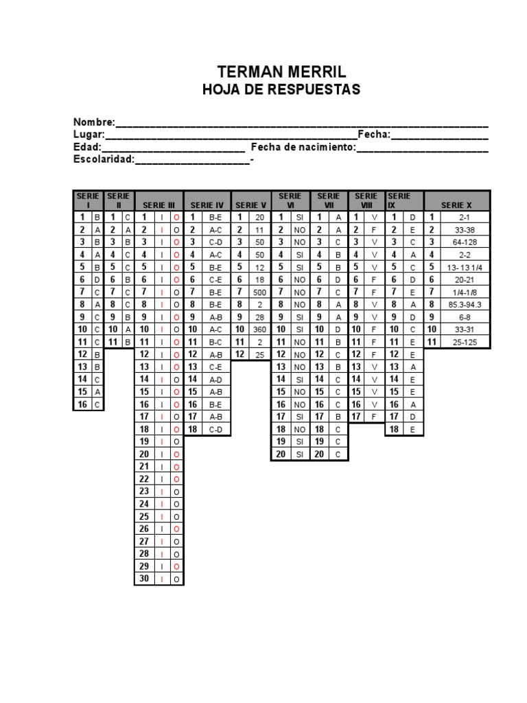 Hoja de Respuestas Terman Merril 2 | PDF