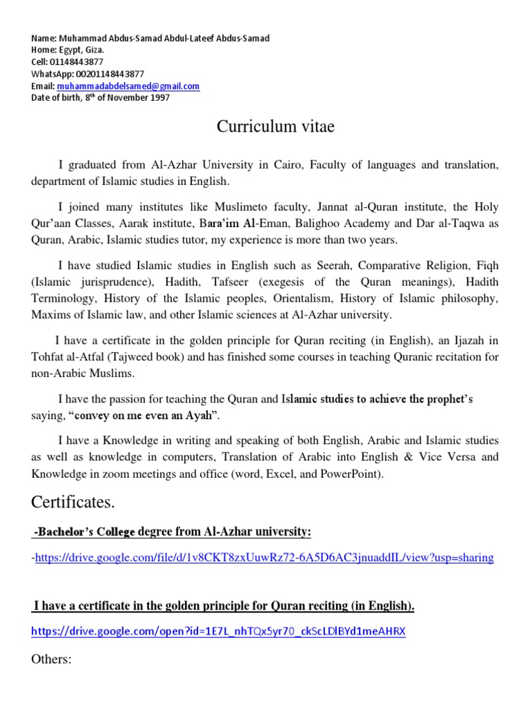 Curriculum Vitae (Updated Version) 5-2021 | PDF | Quran | Islam