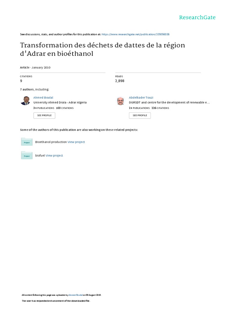 Bioéthanol: Valorisation des Déchets de Dattes d'Adrar | PDF ...