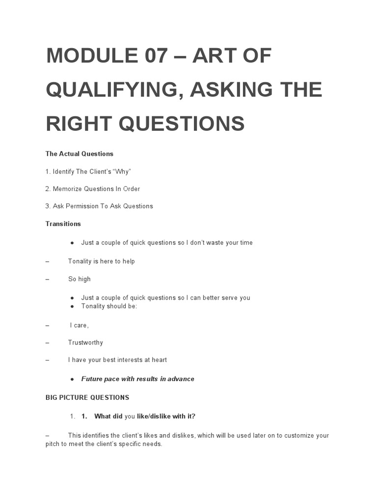 Module 07 - Art of Qualifying, Asking The Right Questions | Download ...