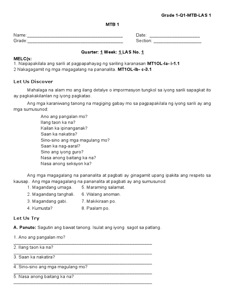 Grade 1-Q1-MTB-LAS 1 | PDF