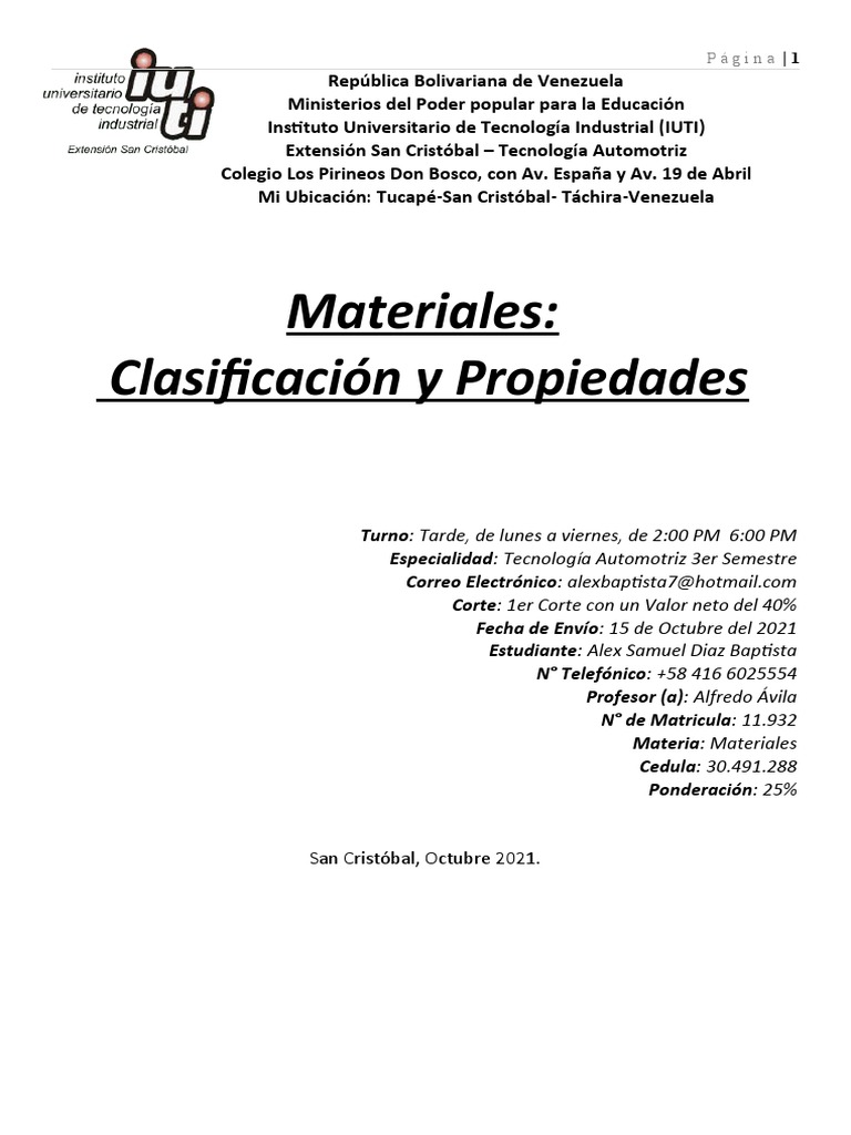 Materiales, Clasificación y Propiedades, by Alex Baptista | PDF ...