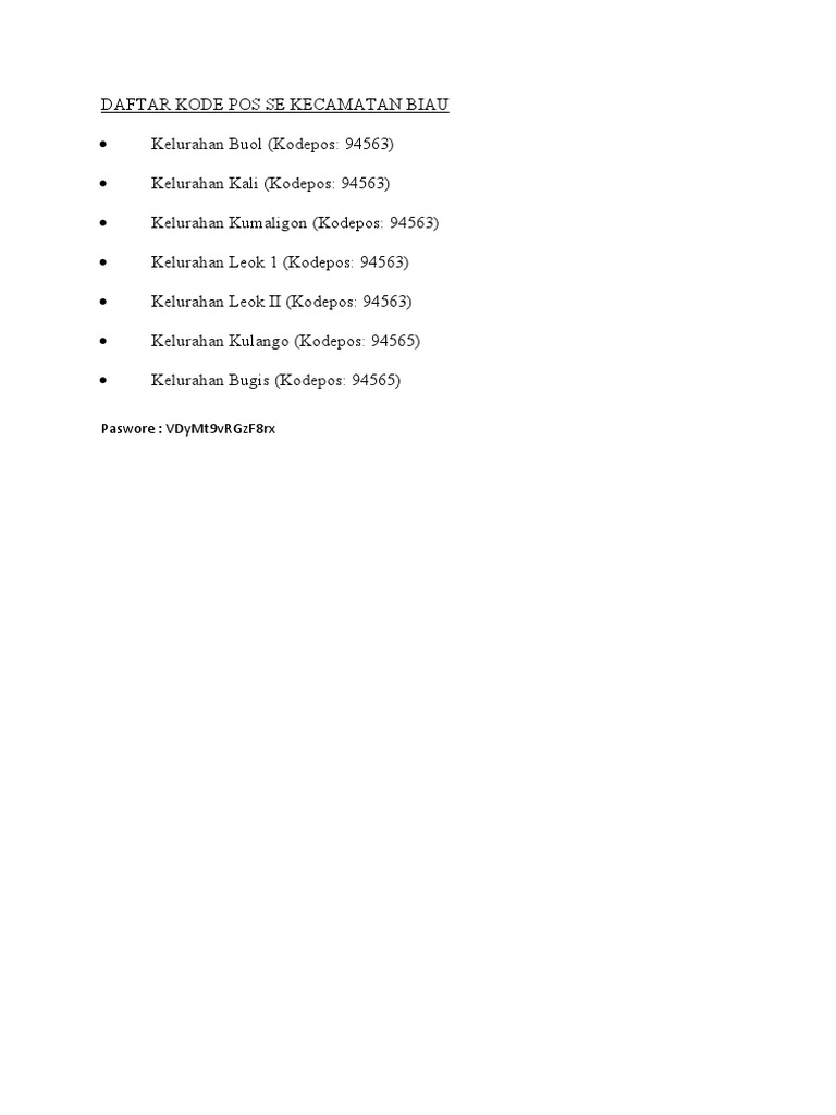 Daftar Kode Pos Se Kecamatan Biau | PDF