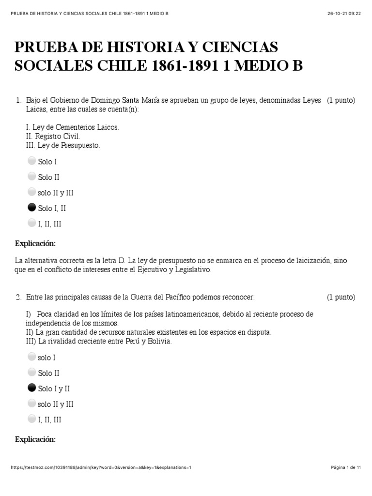 Prueba de Historia y Ciencias Sociales Chile 1861-1891 1 Medio B Correccion | PDF | Chile | Laicismo