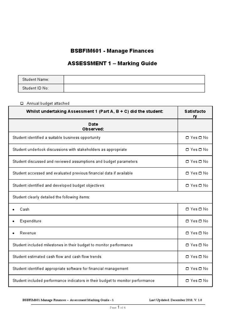 BSBFIM601 - Manage Finances ASSESSMENT 1 - Marking Guide | Download Free PDF | Budget | Accounting