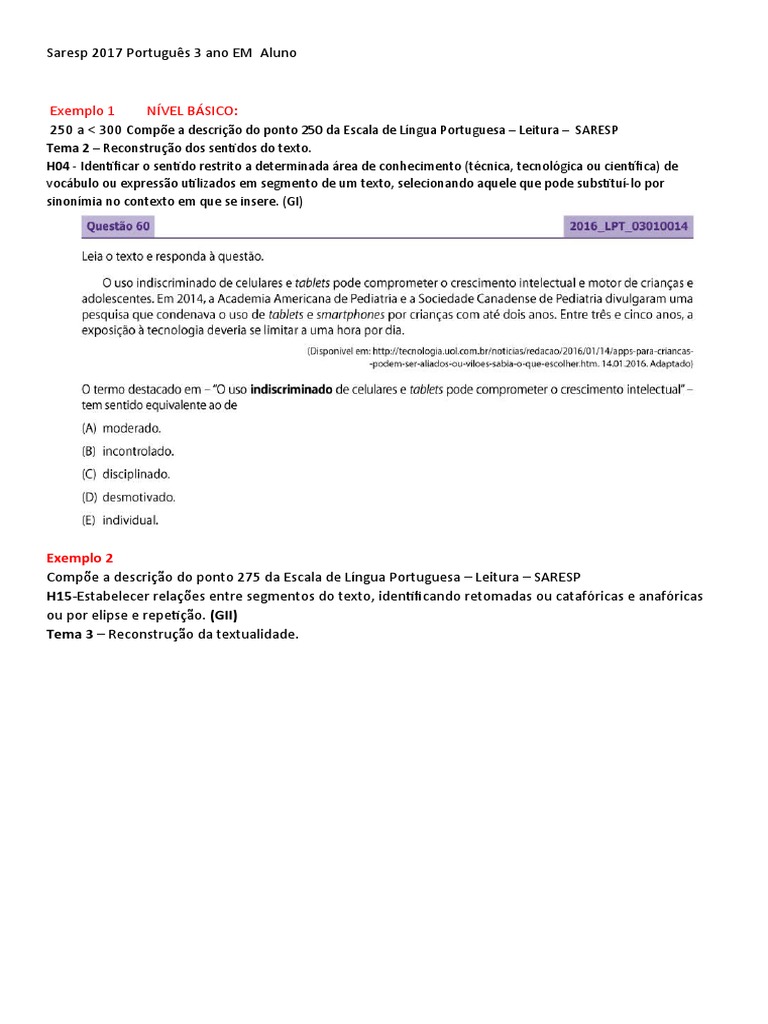 Saresp 2017 Português 3 Ano EM Aluno | PDF