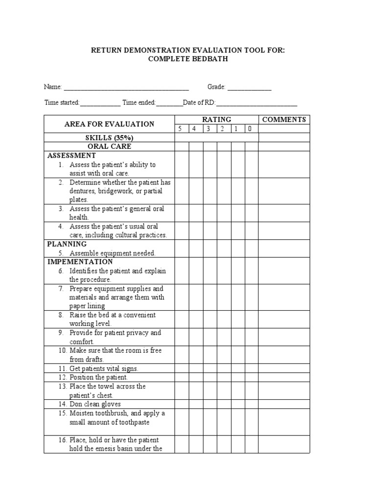 Return Demonstration Evaluation Tool For: Complete Bedbath | PDF | Oral ...
