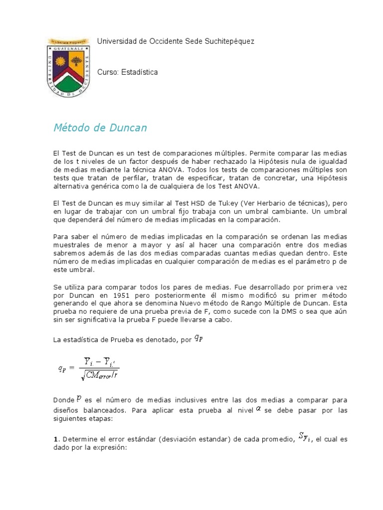 Método de Duncan | PDF | Análisis de variación | Estadísticas