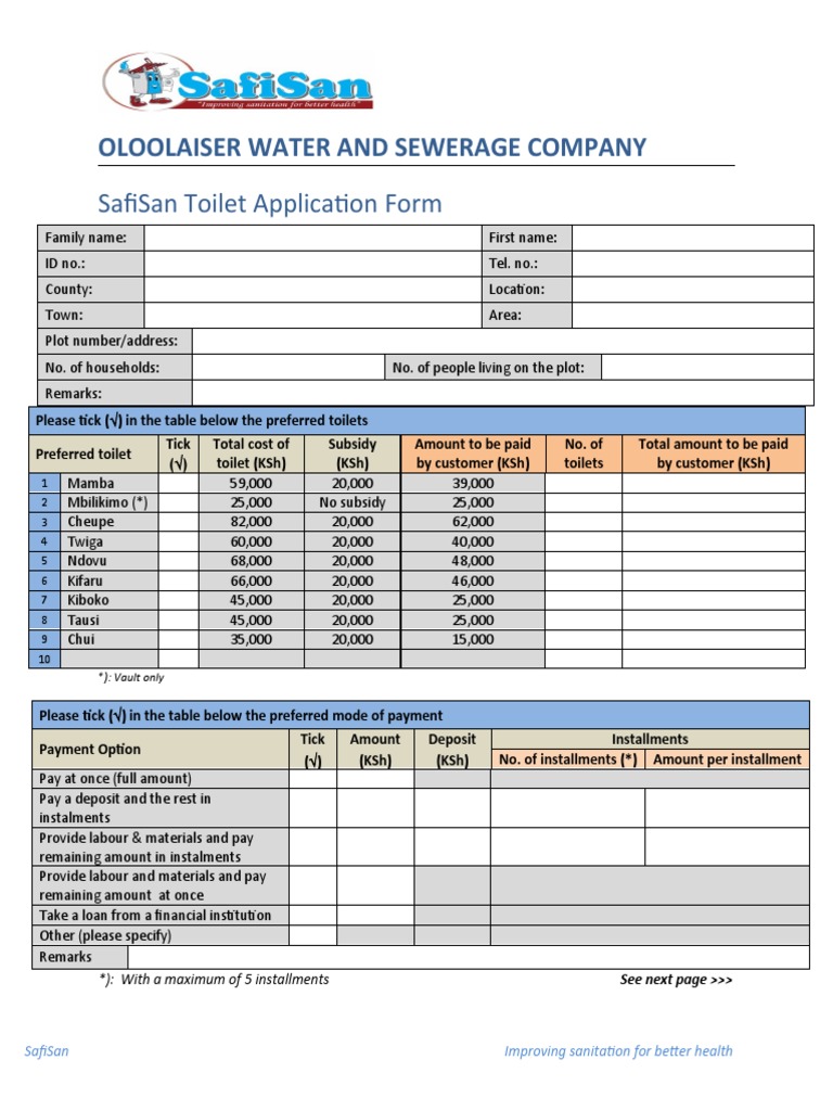 Oloolaiser Water and Sewerage Company: Safisan Toilet Application Form ...