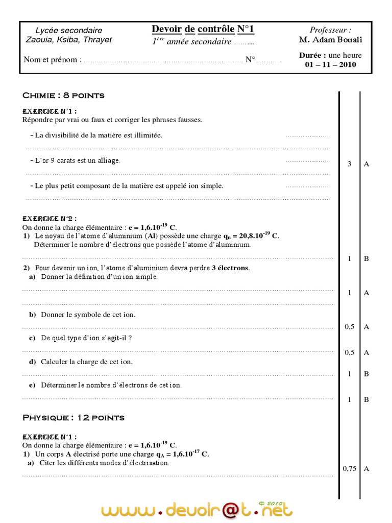 Devoir de Contrôle N°1 - Physique - 1ère AS (2010-2011) MR Adam Bouali ...