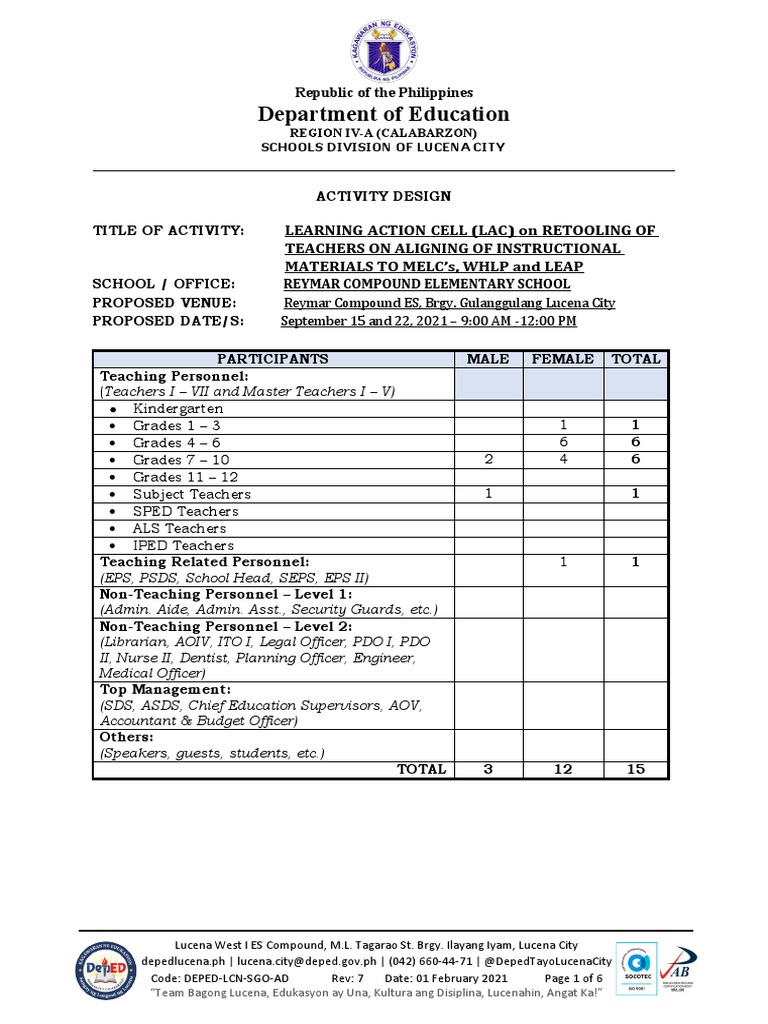 RCES-LAC ACTIVITY DESIGN-SEPTEMBER-revised | PDF | Learning | Teachers
