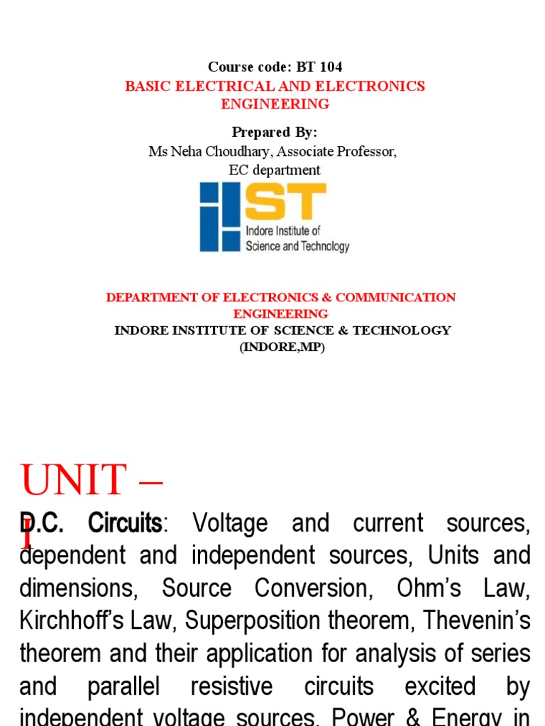 Basic Electrical and Electronics Engineering: Course Code: BT 104 | PDF ...