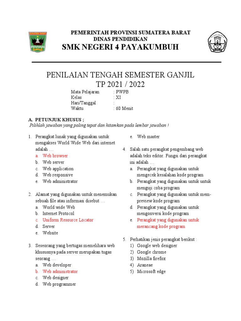 Soal PWPB Kelas Xi Mid | PDF | Komputer | Teknologi & Rekayasa