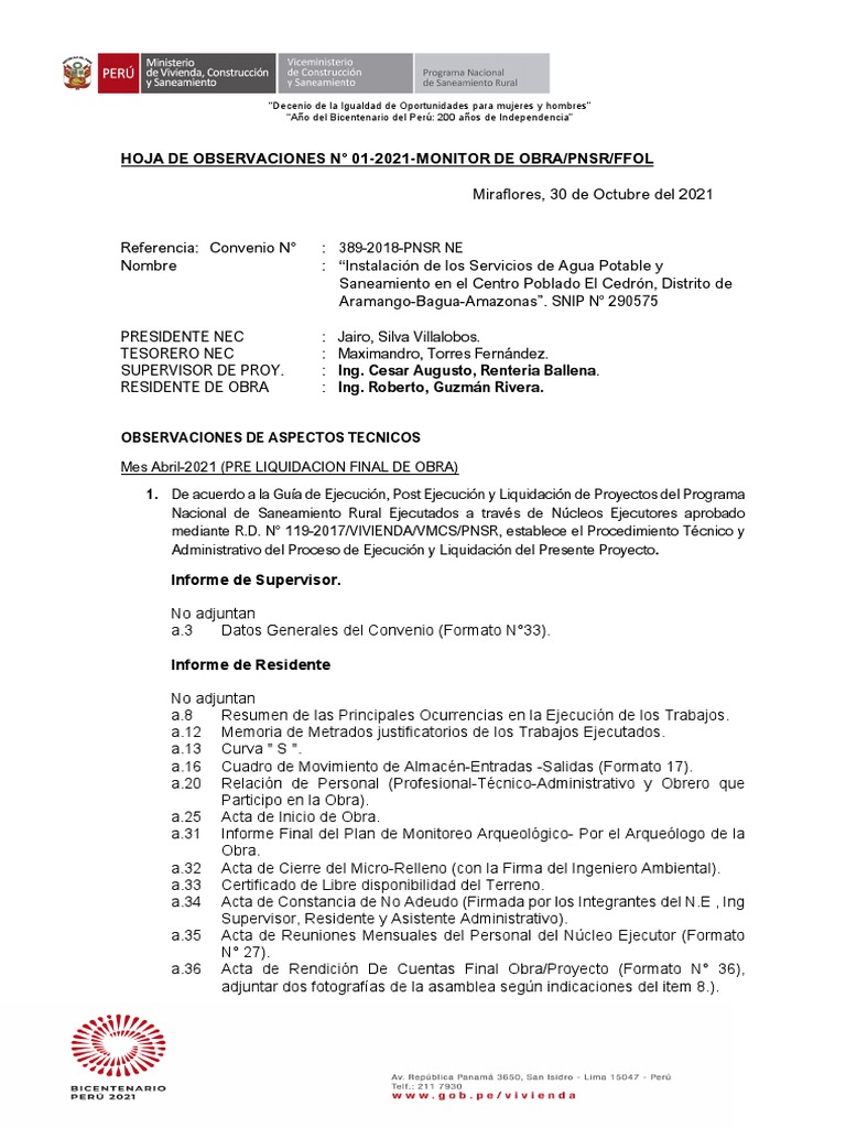 Hoja de Observaciones Ne El Cedron | PDF