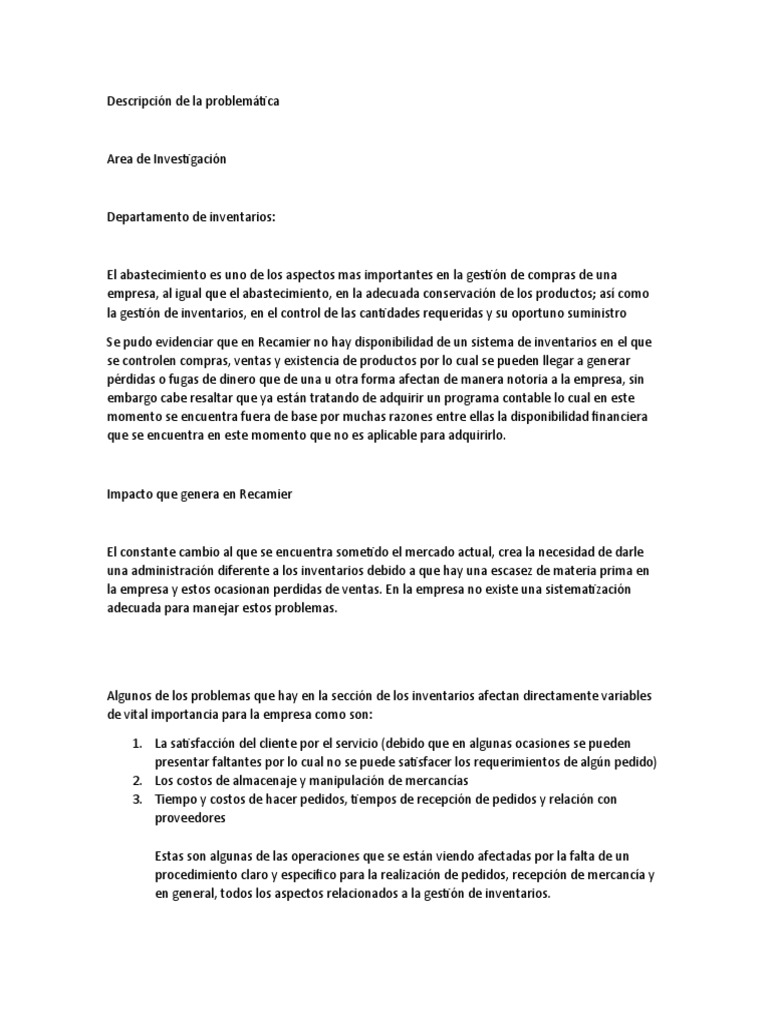 Descripción de La Problemática | PDF | Experimentar | Inventario