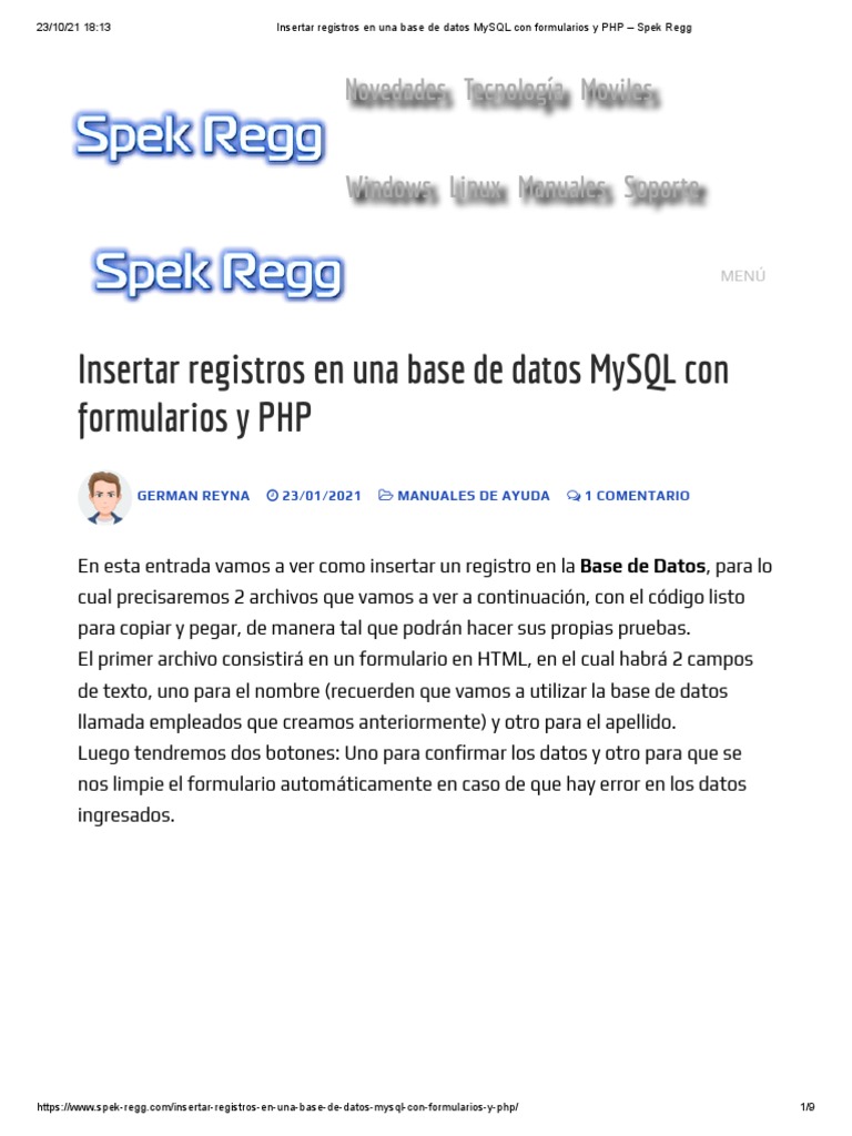 Insertar Registros en Una Base de Datos MySQL Con Formularios y PHP - Spek Regg | PDF | Php | Mi sql