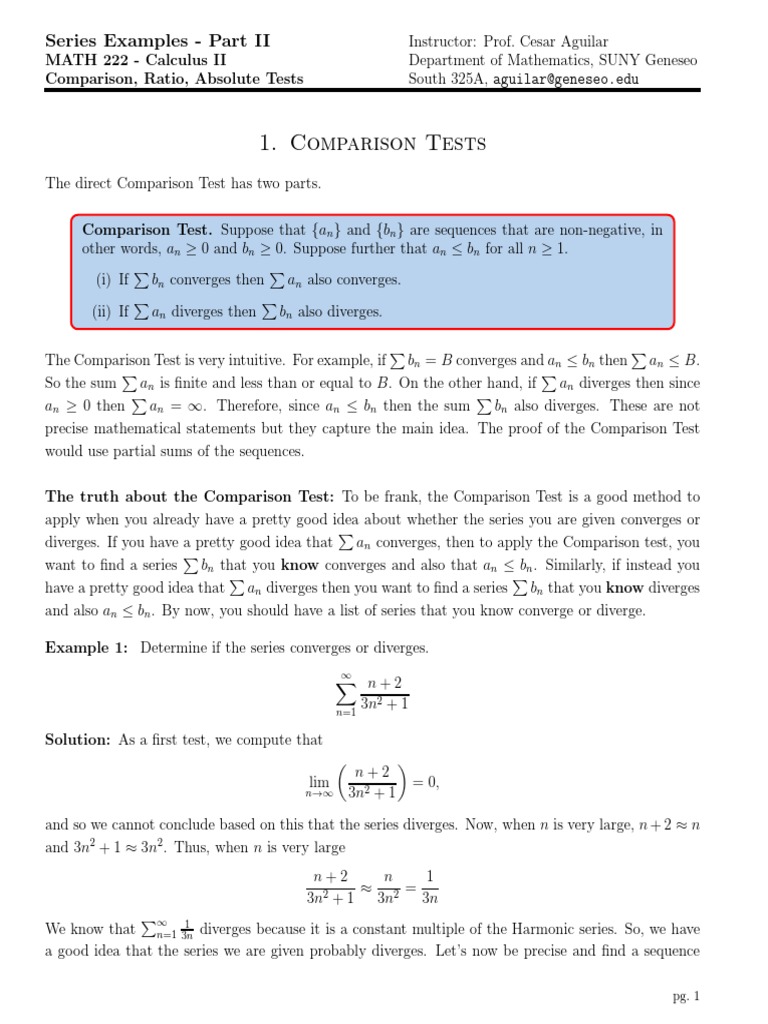 Comparison Tests: Series Examples - Part II | PDF | Analysis | Series ...