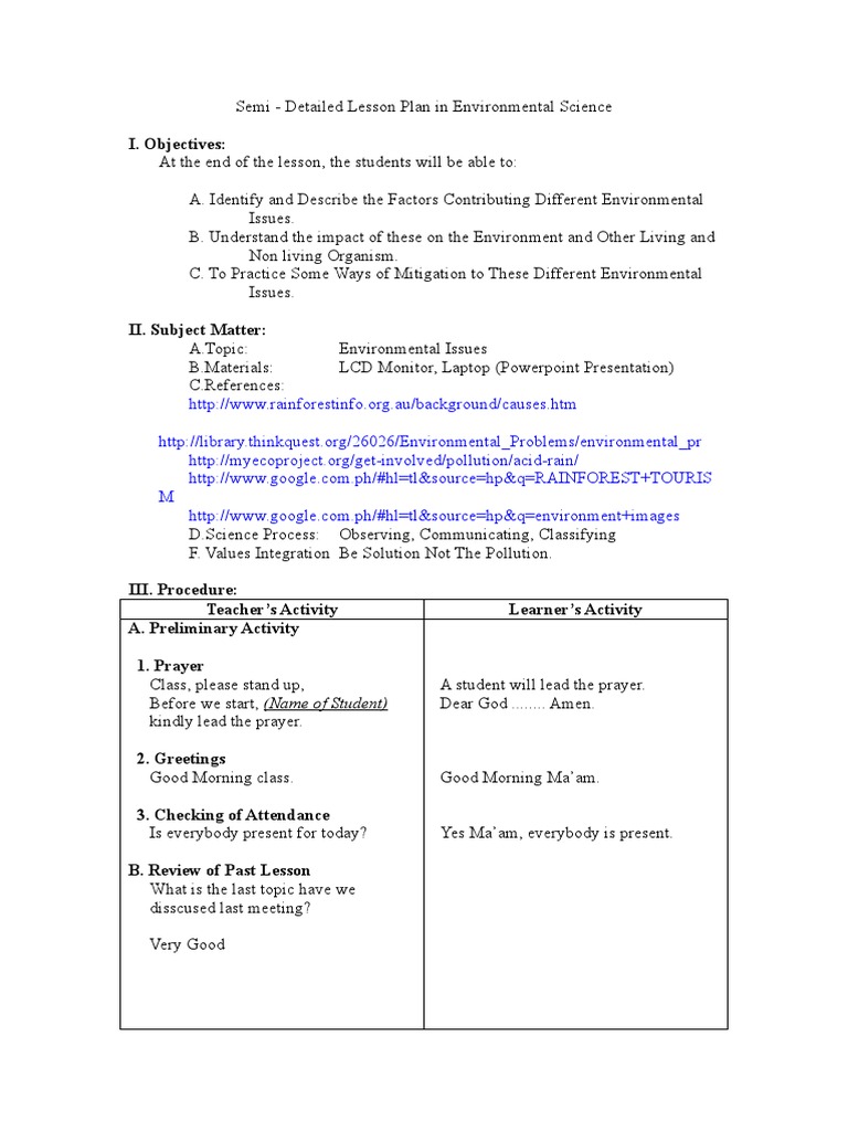 Detailed Lesson Plan in Environmental Science (Environmental Issues ...