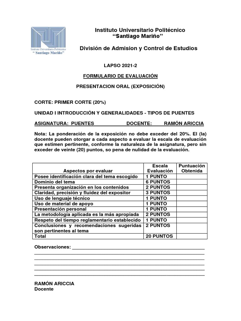 Formato de Evaluación de Exposiciones - Informe Unidad I | PDF