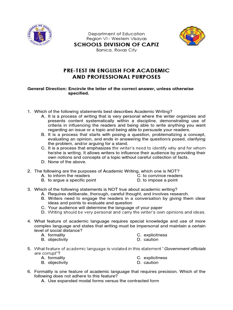 Pre Test Grade 11 English For Academic and Professional Purposes | PDF ...