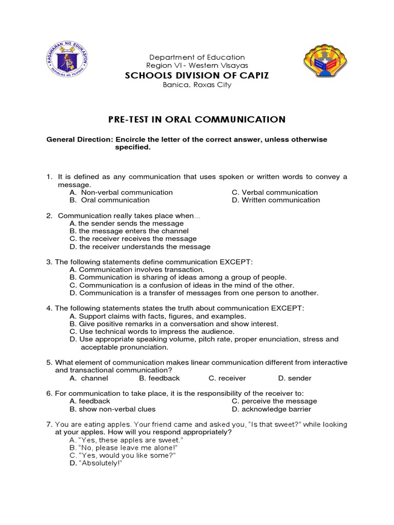 Pre Test Grade 11 Oral Communication | PDF | Communication | Nonverbal ...