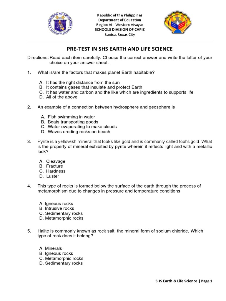Pre-Test in Shs Earth and Life Science: Schools Division of Capiz | PDF ...