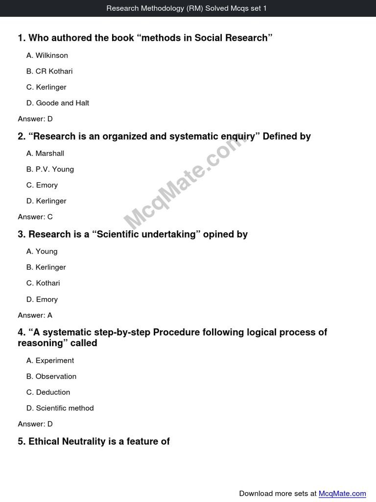 Research Methodology (RM) Solved Mcqs Set 1 | PDF | Scientific Method ...