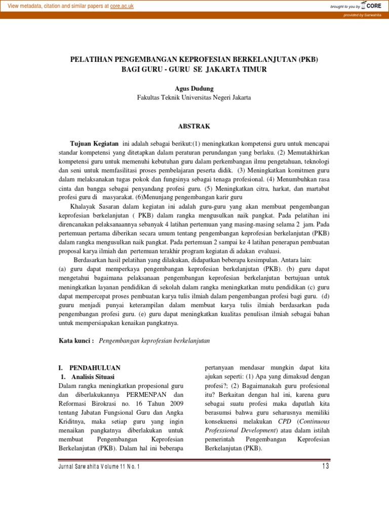 Pelatihan Pengembangan Keprofesian Berkelanjutan (PKB) Bagi Guru - Guru Se Jakarta Timur | PDF ...
