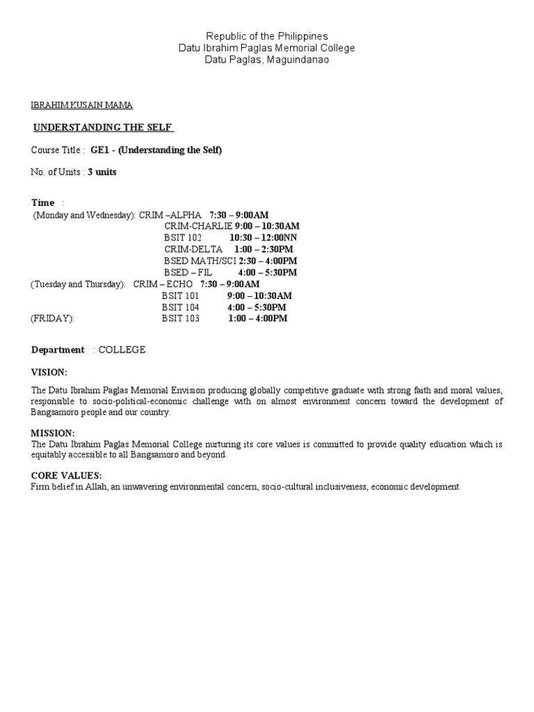 Understanding The Self: Republic of The Philippines Datu Ibrahim Paglas ...