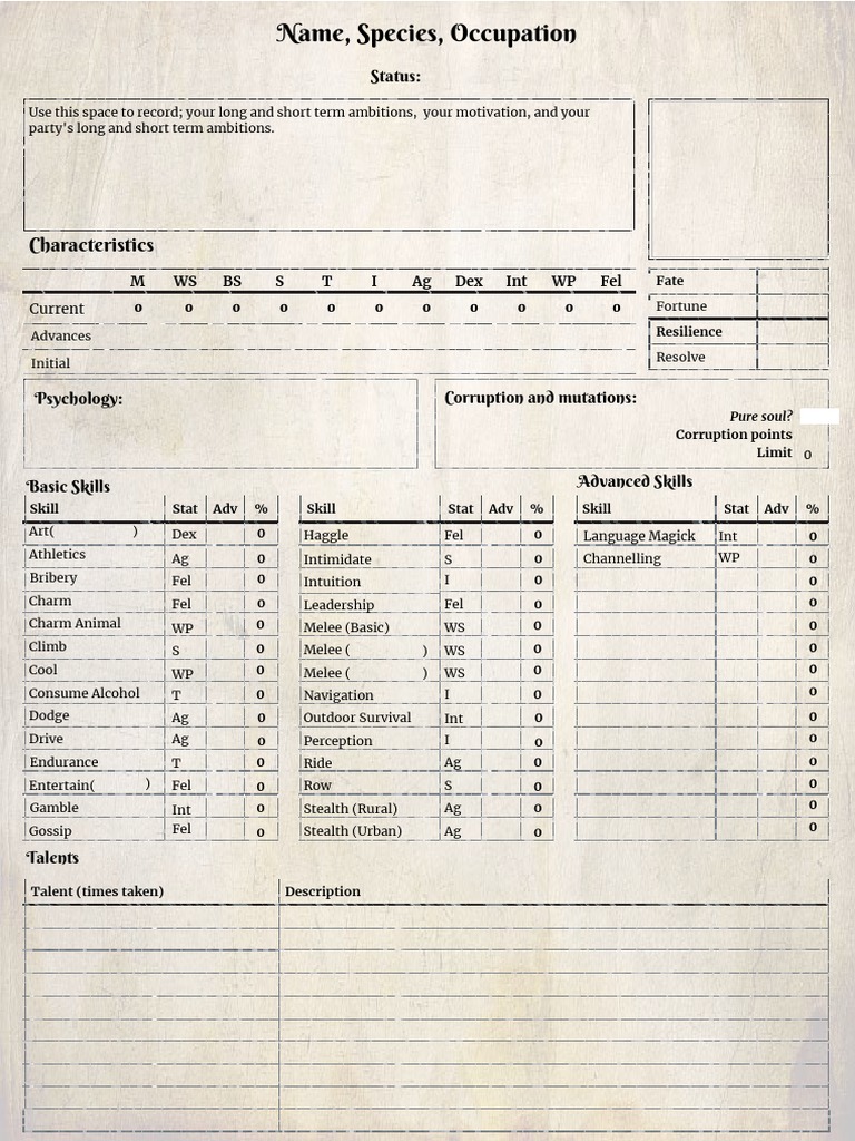 WFRP Arcane Magic User Character Sheet | PDF