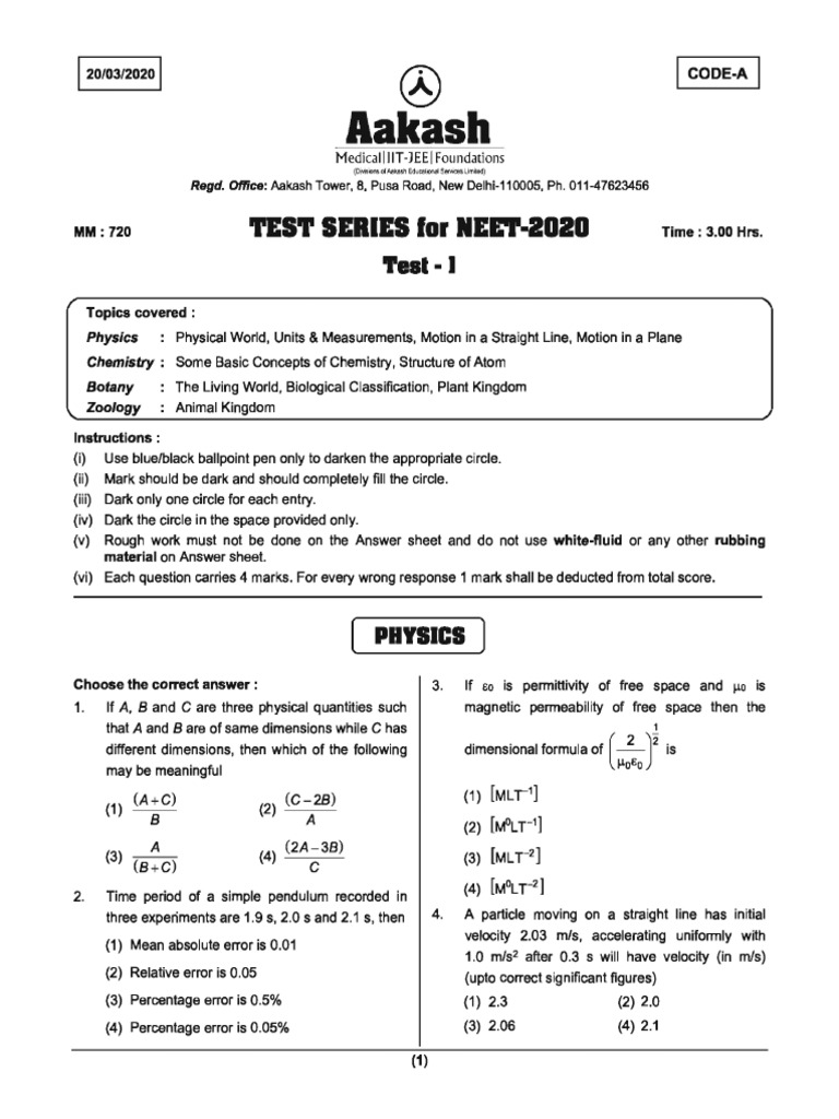 FTS 2020 Test - 01 Code A (Question Paper) | PDF | Acceleration | Velocity