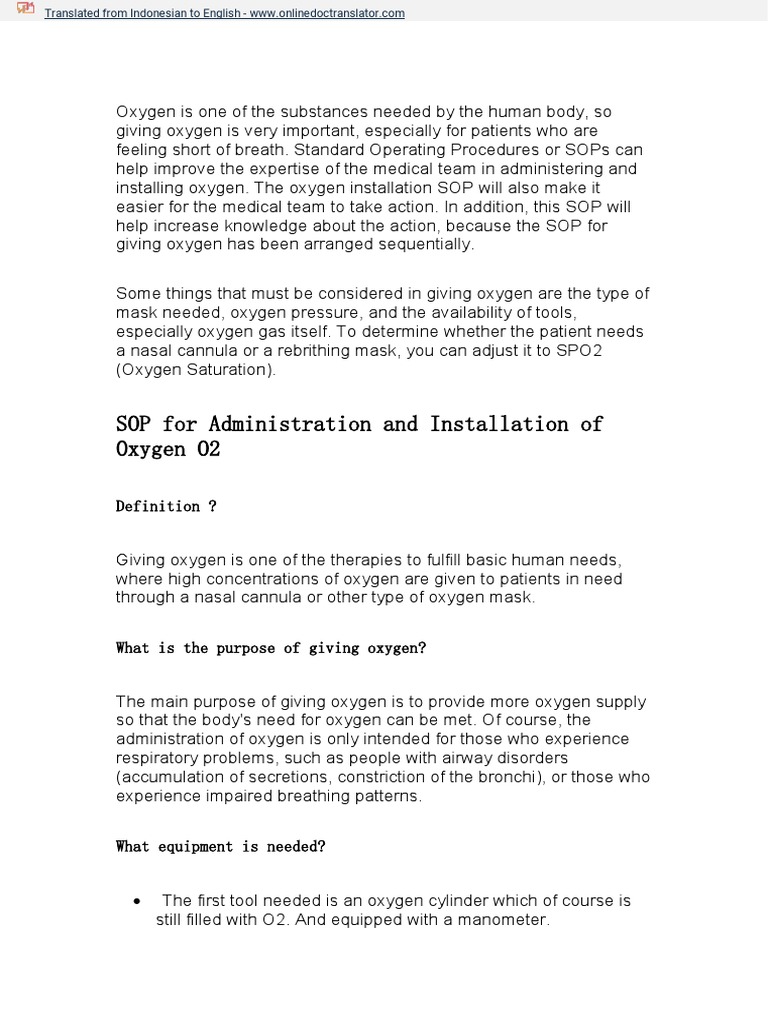 SOP For Administration and Installation of Oxygen O2: Definition ...