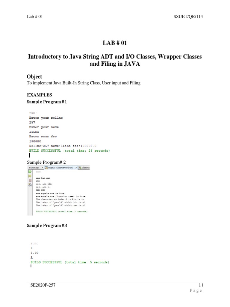LAB # 01 Introductory To Java String ADT and I/O Classes, Wrapper Classes and Filing in JAVA ...