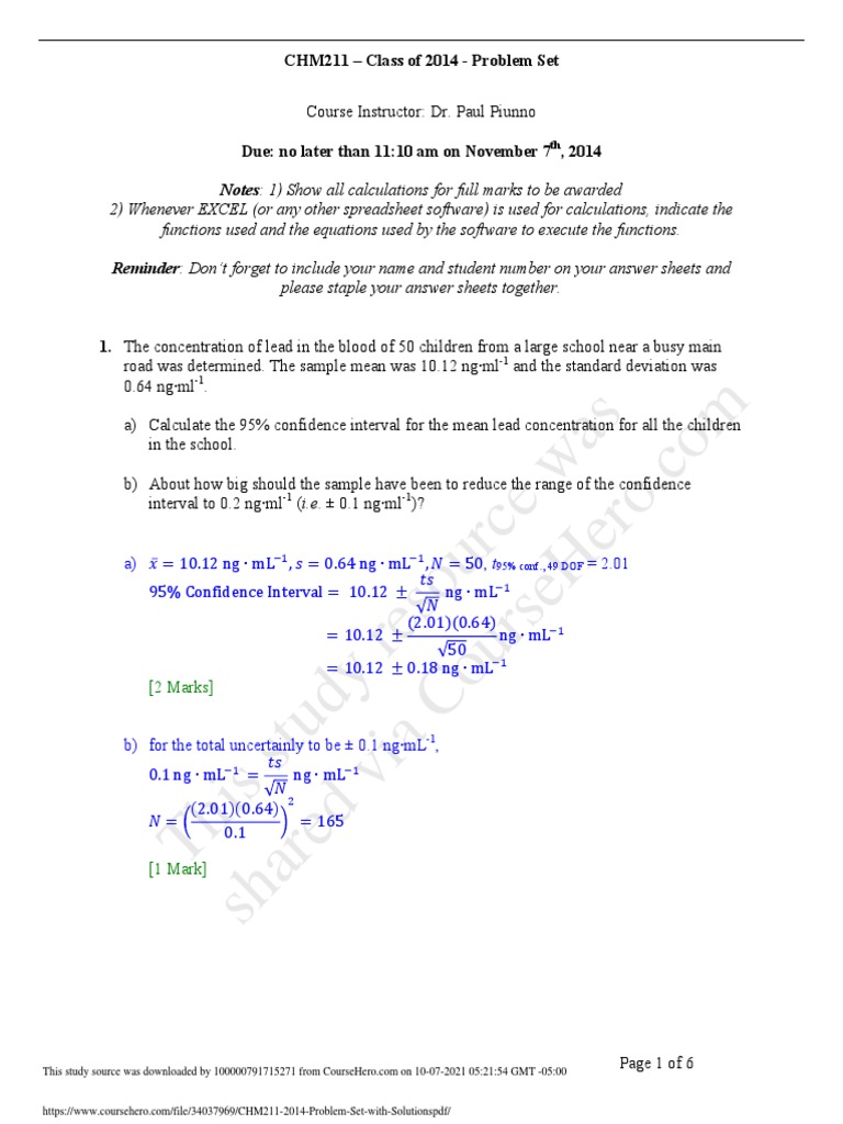 CHM211 2014 Problem Set With Solutions PDF | PDF | Calcium In Biology ...