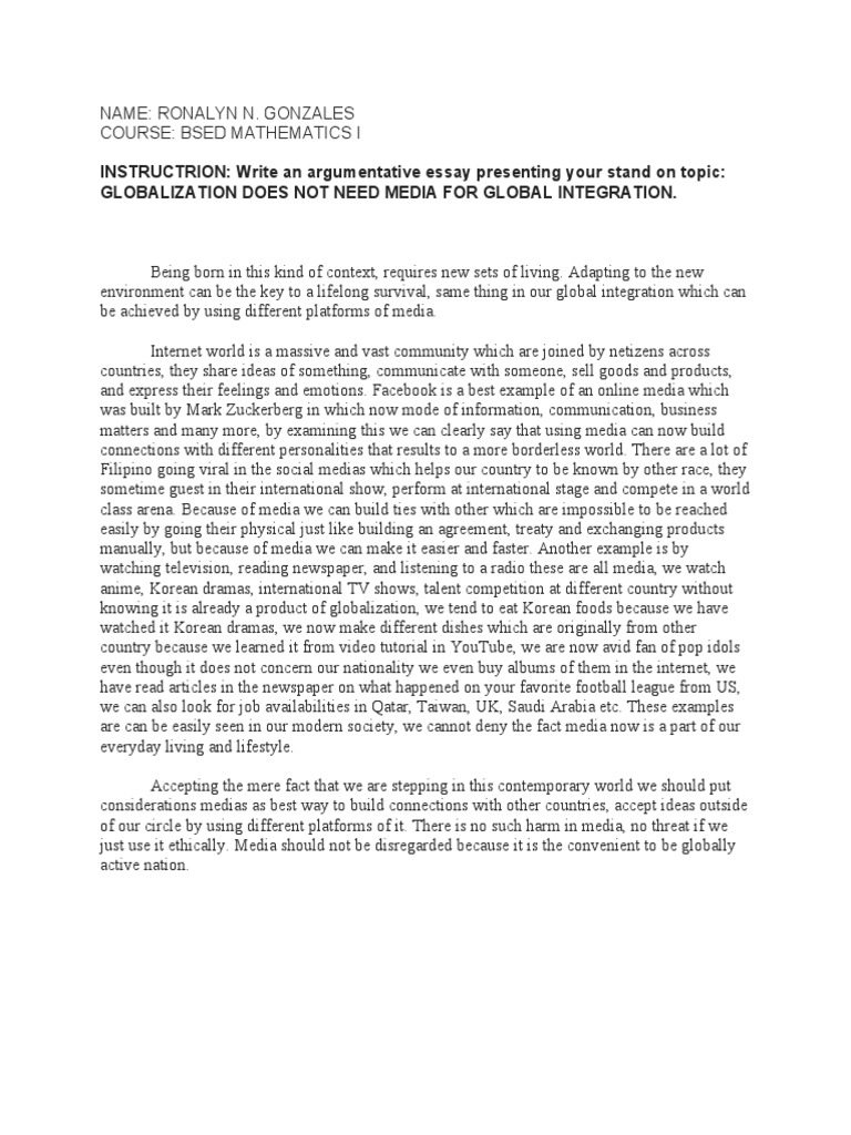 INSTRUCTRION: Write An Argumentative Essay Presenting Your Stand On ...