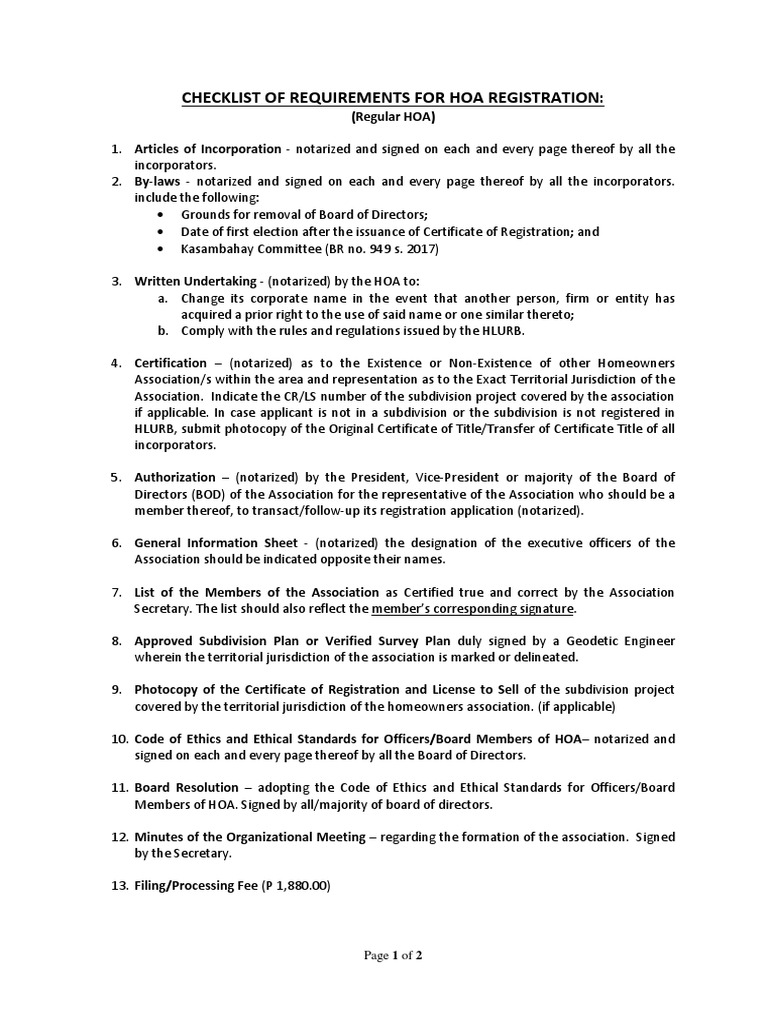 Checklist For Regular Hoa Registration | PDF | Notary Public | Business