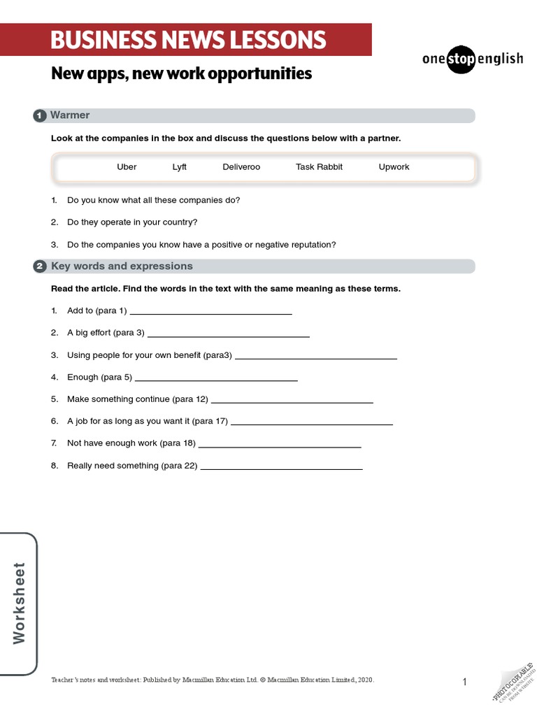 Business News Lessons New Apps New Work Opportunities Int Worksheet ...