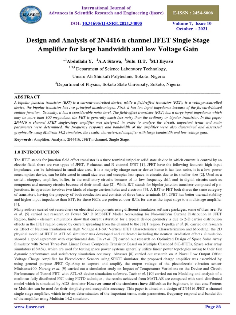 Design and Analysis of 2N4416 N Channel JFET Single Stage Amplifier For Large Bandwidth and Low ...