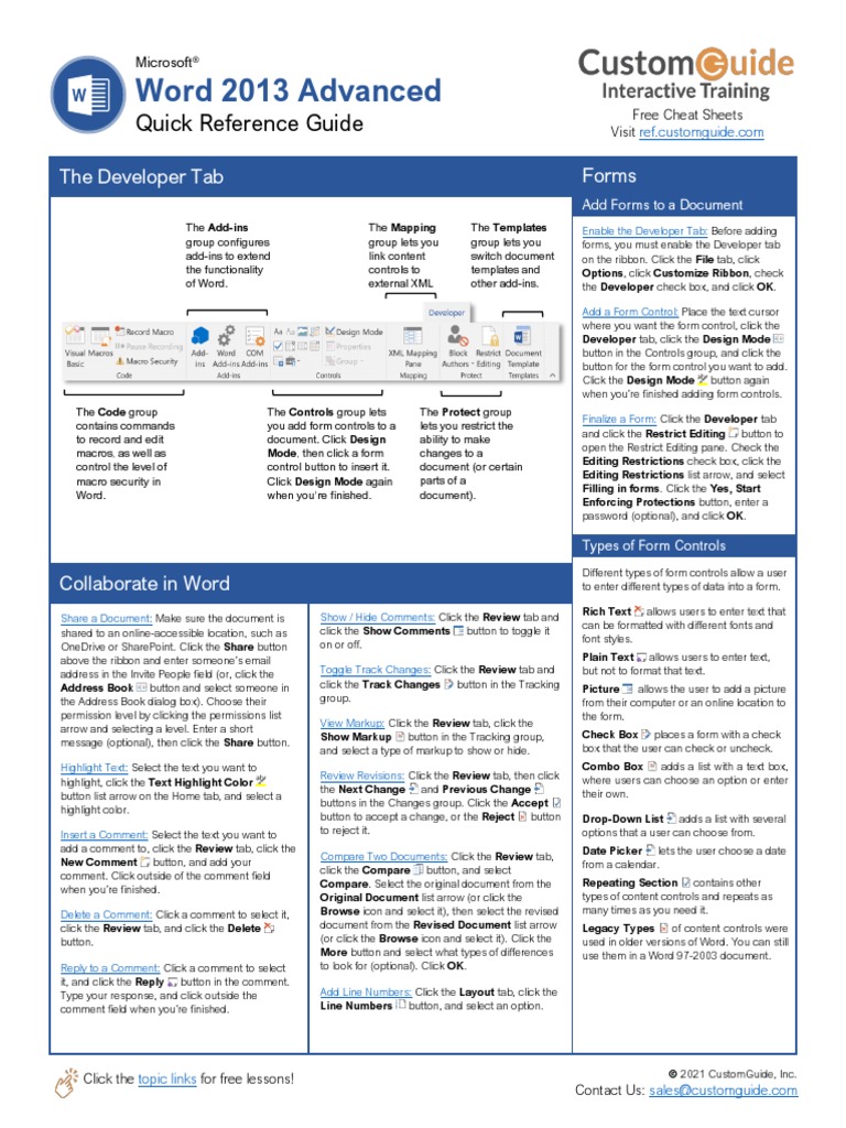 Word 2013 Advanced Quick Reference Download Free Pdf Microsoft Word