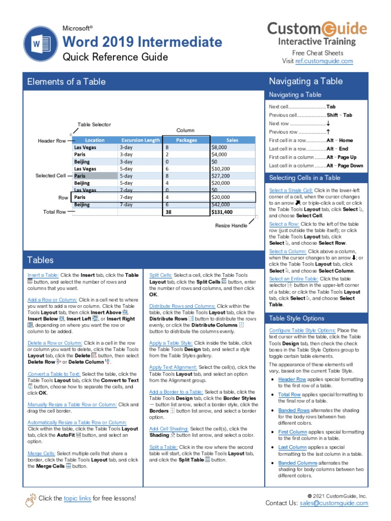 Word 2019 Intermediate Quick Reference | PDF | Button (Computing) | Cursor (User Interface)