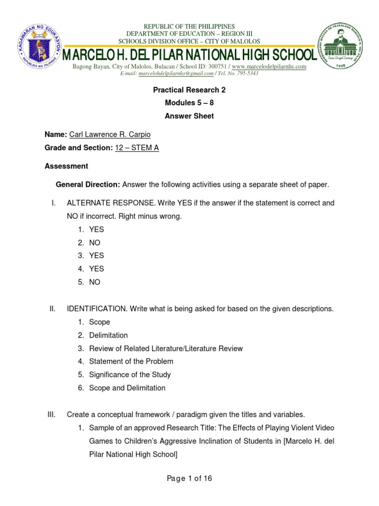 CARPIO. CARL LAWRENCE R. - Answer Sheet Module 5-8 | PDF | Scope ...