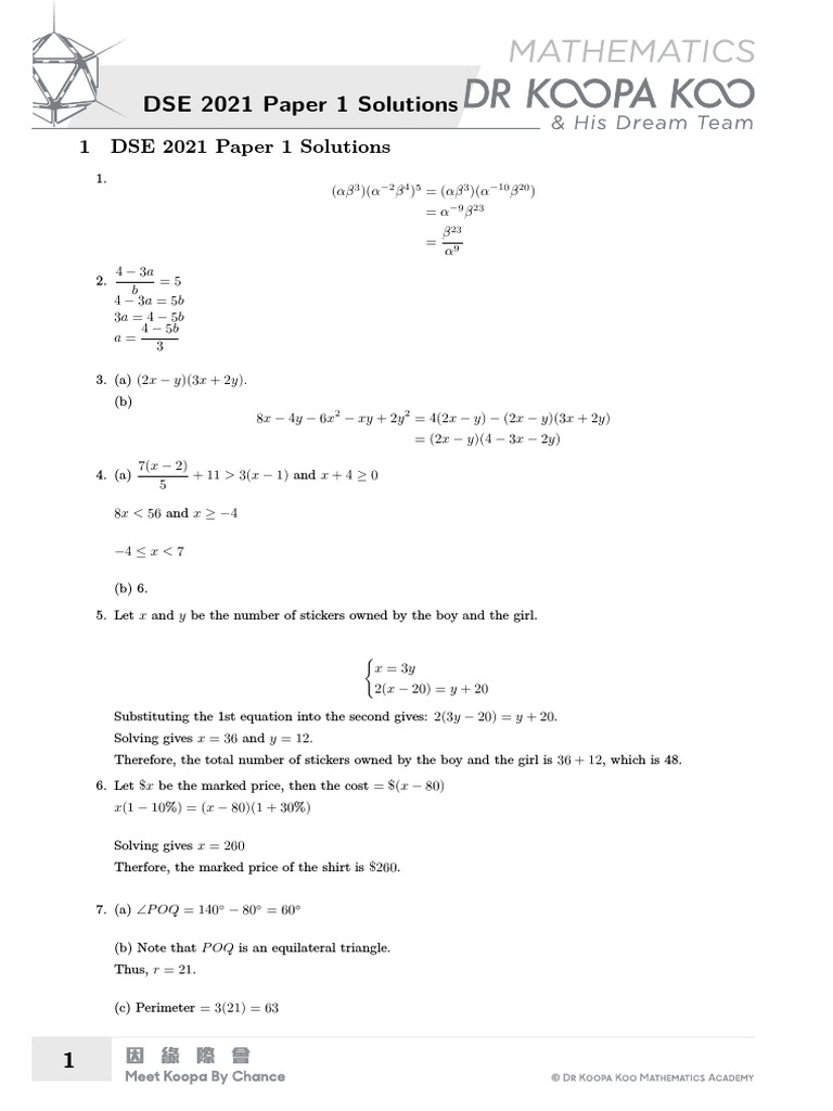 DSE 2021 Paper 1 Solutions | Download Free PDF | Elementary Mathematics ...
