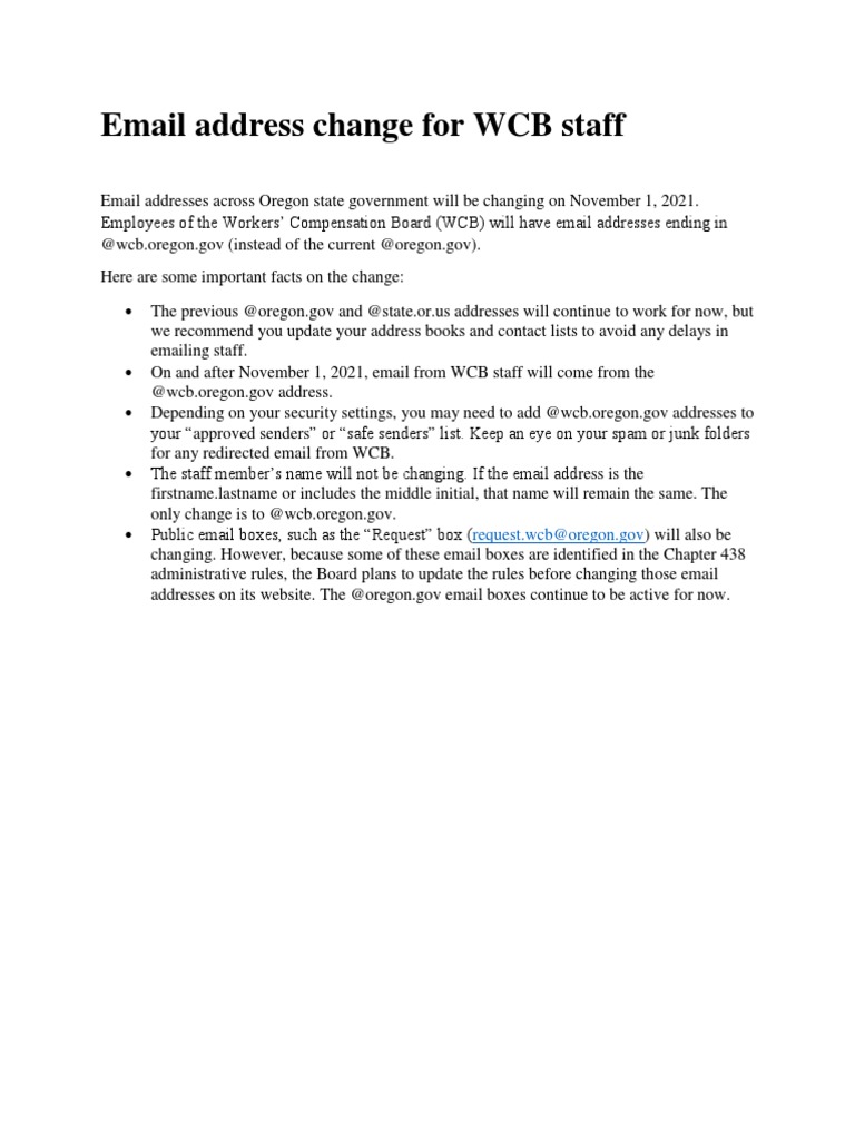 Email Address Change For WCB Staff: Request - Wcb@oregon - Gov | PDF