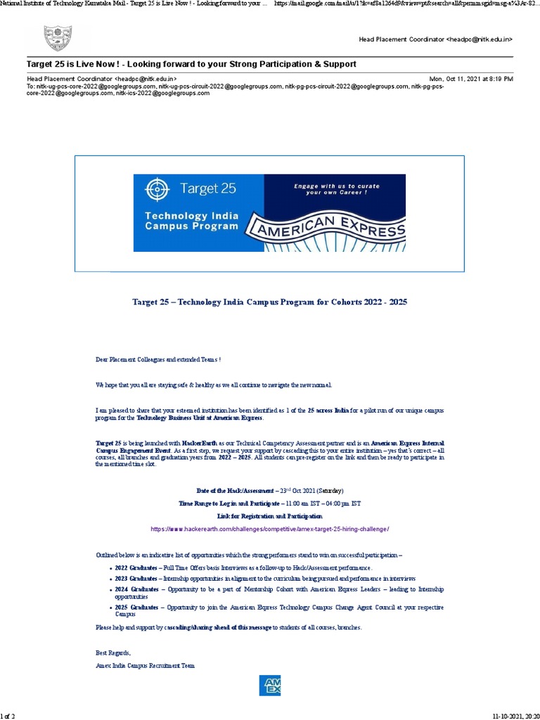 Amex Campus Program for NITK Students | PDF