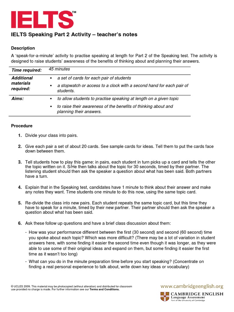 IELTS Speaking Part 2 Activity - Teacher's Notes: 45 Minutes | PDF ...