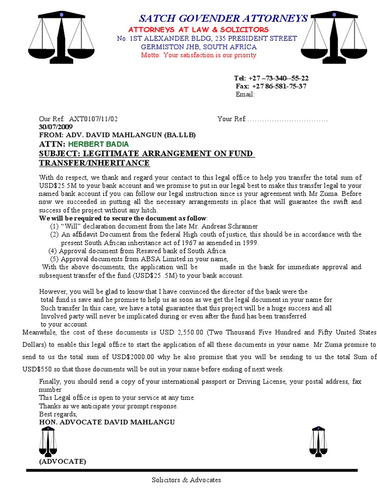 Letter from Satch Govender Attorneys Regarding a Purported Inheritance ...